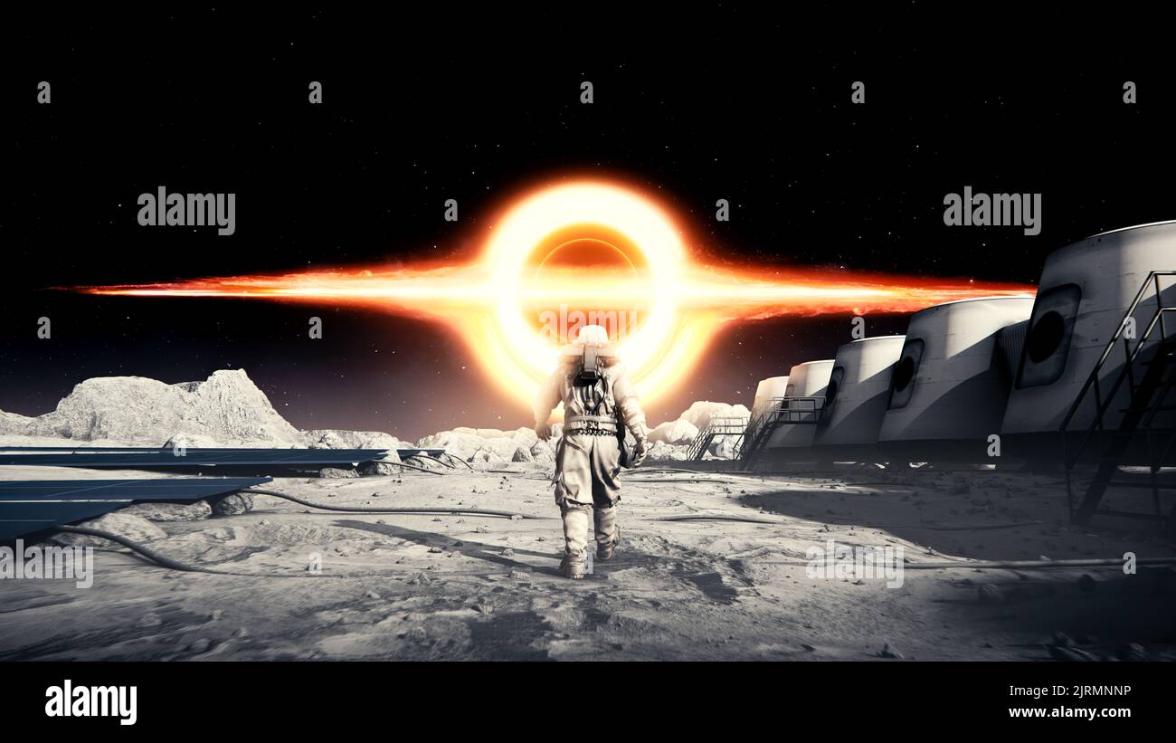 An Astronaut in a space suit walking on the moon's surface towards the ...