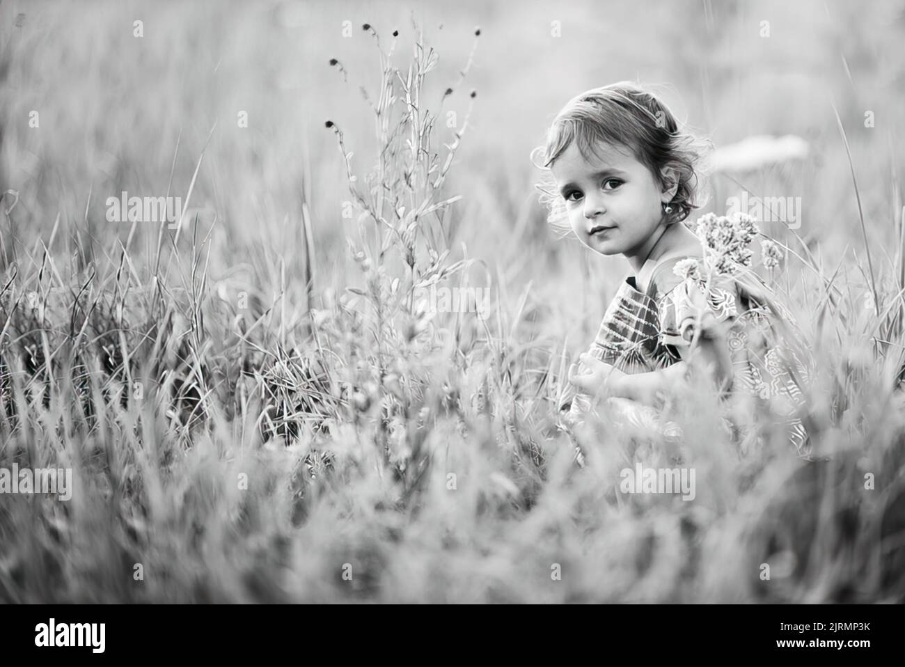 Little girl in a summer wheat field. black and white photo Stock Photo ...