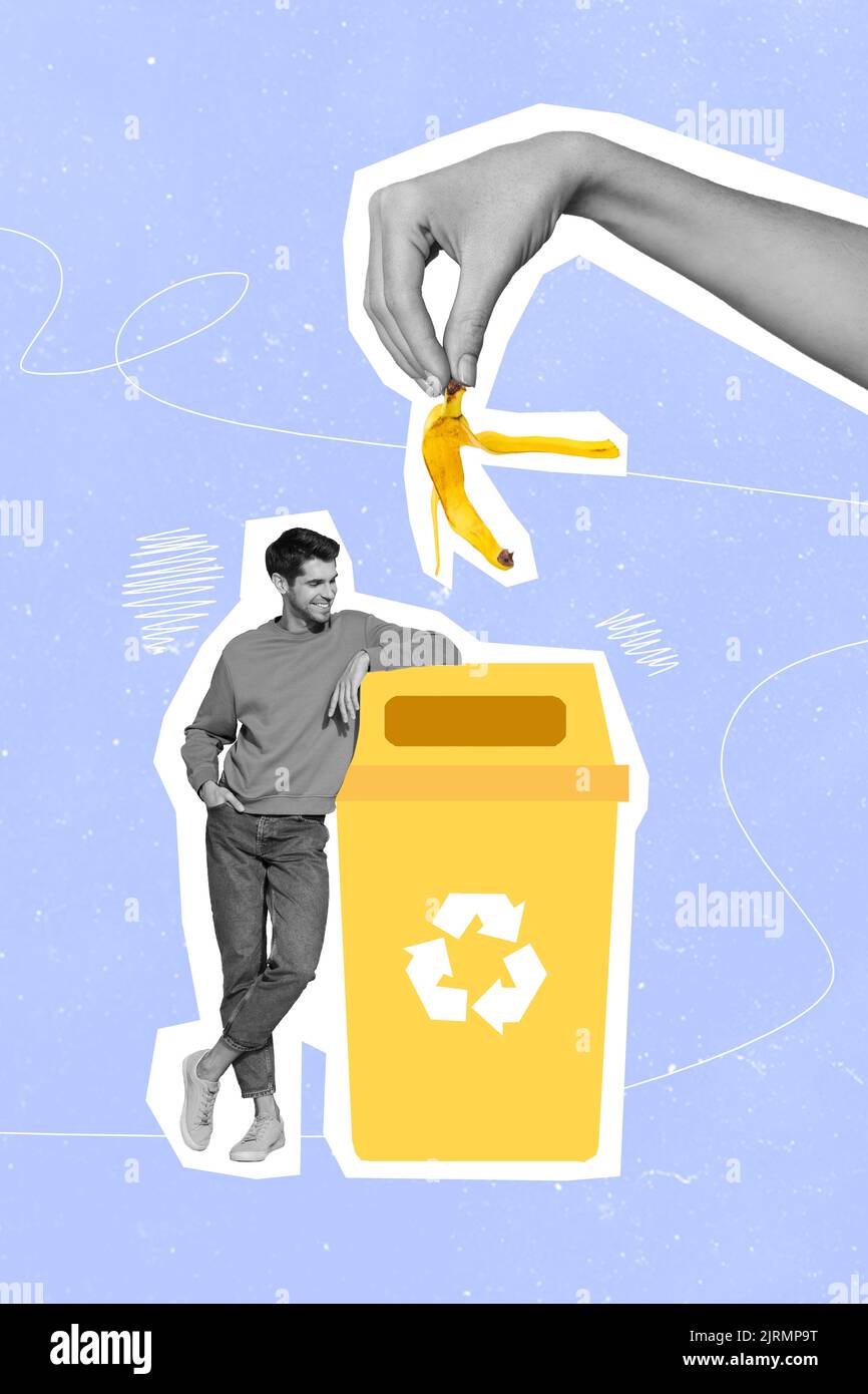 Poster collage of environmental responsible guy advertise throwing ...