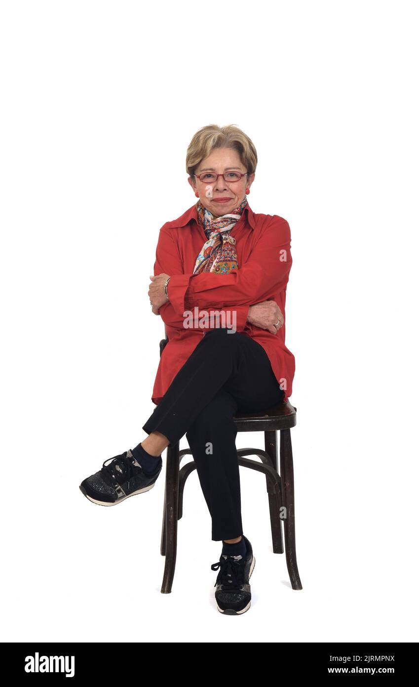 front view of a full portrait of happy senior woman with shirt and ...