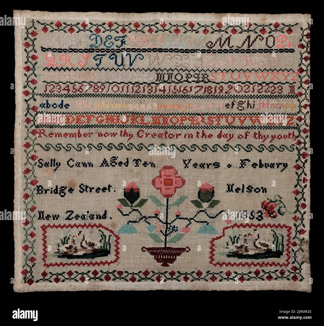 Sampler, 1853, Nelson, by Miss Sally Cann. Gift of Mrs A H Bennett ...