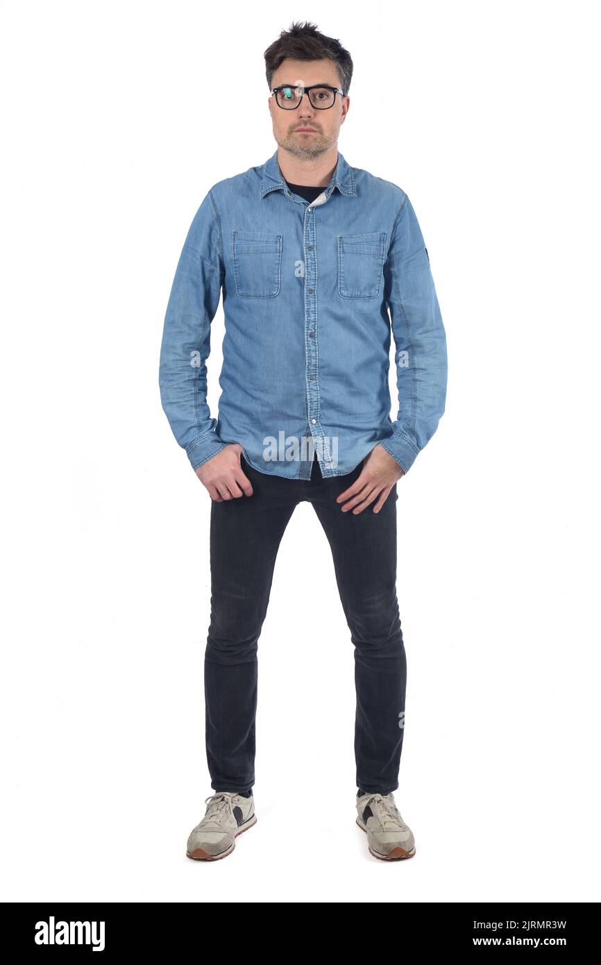 front view of a serious man hands on pocket on whit background Stock ...