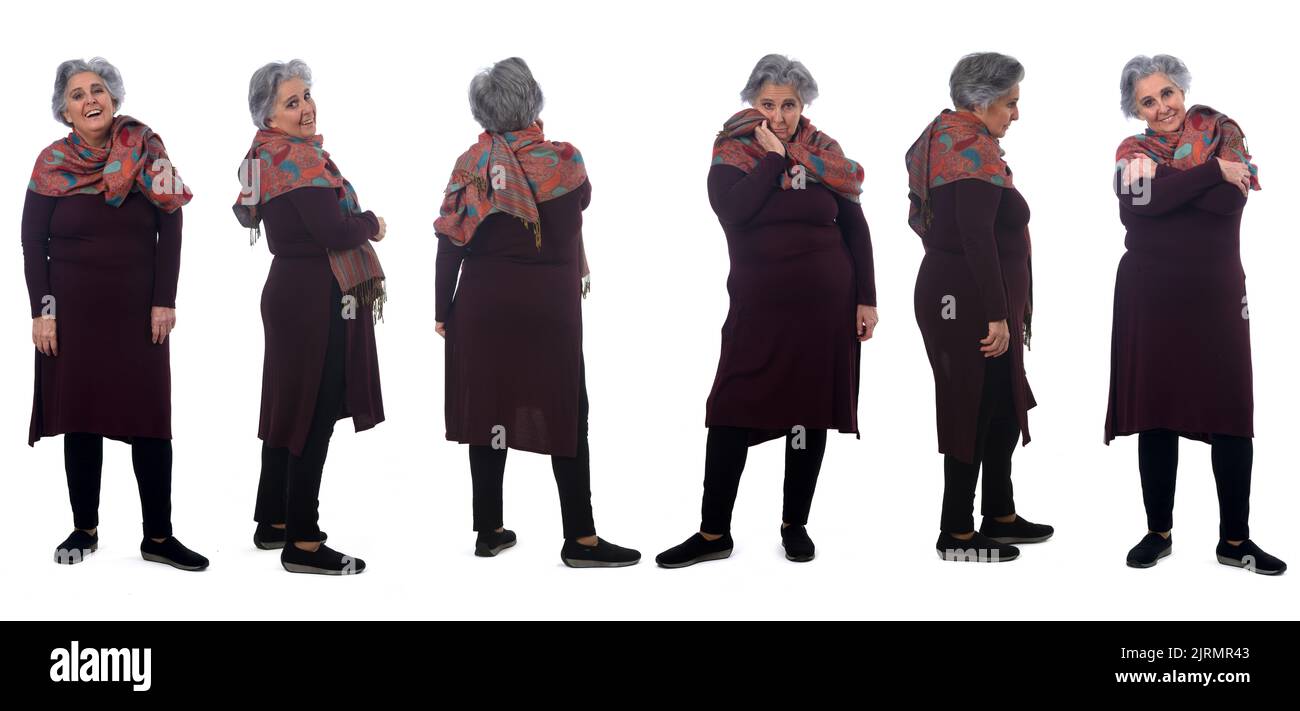 various poses on same woman on white background Stock Photo - Alamy