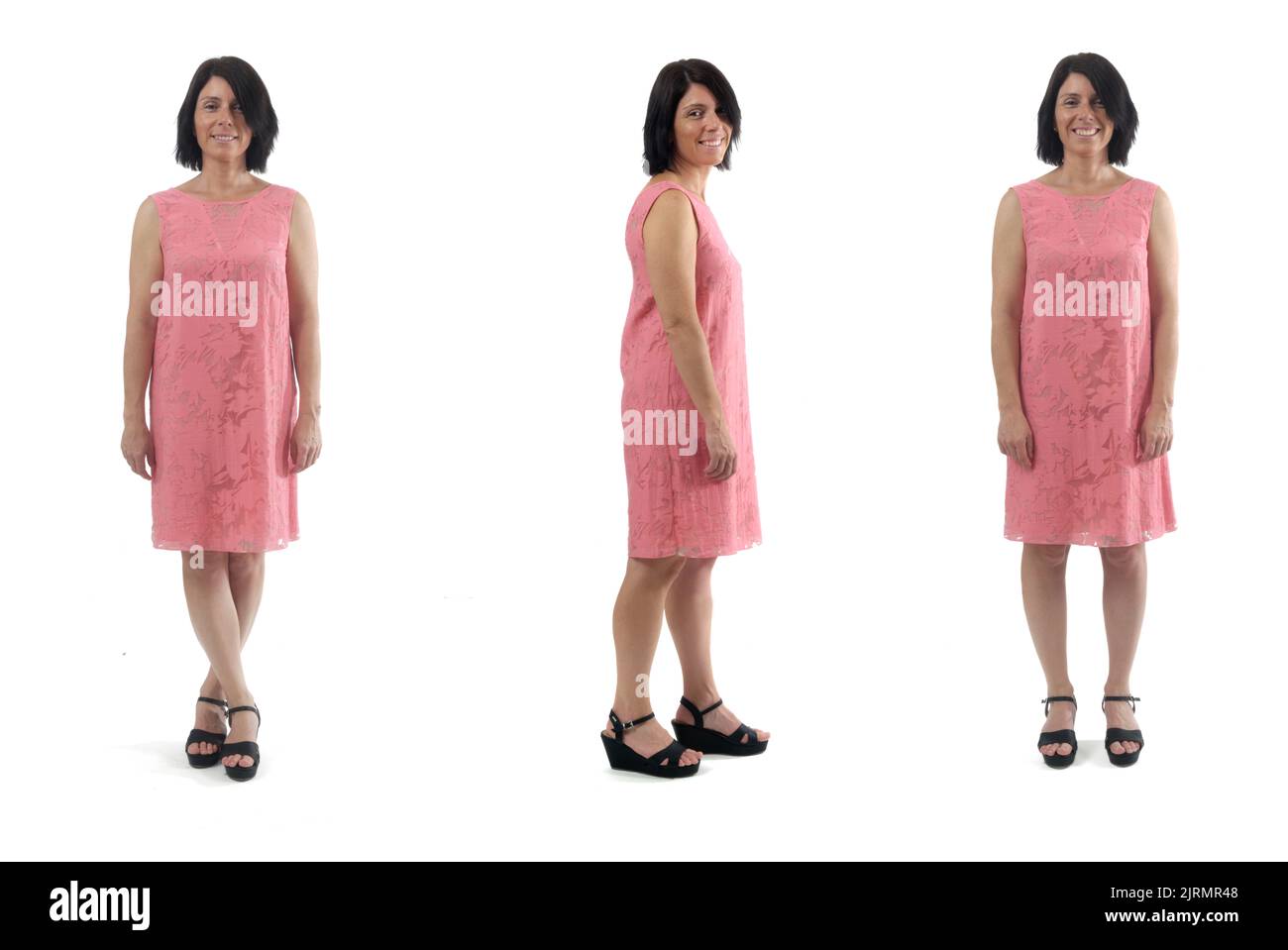 view of a group of same woman with dress on white background Stock ...