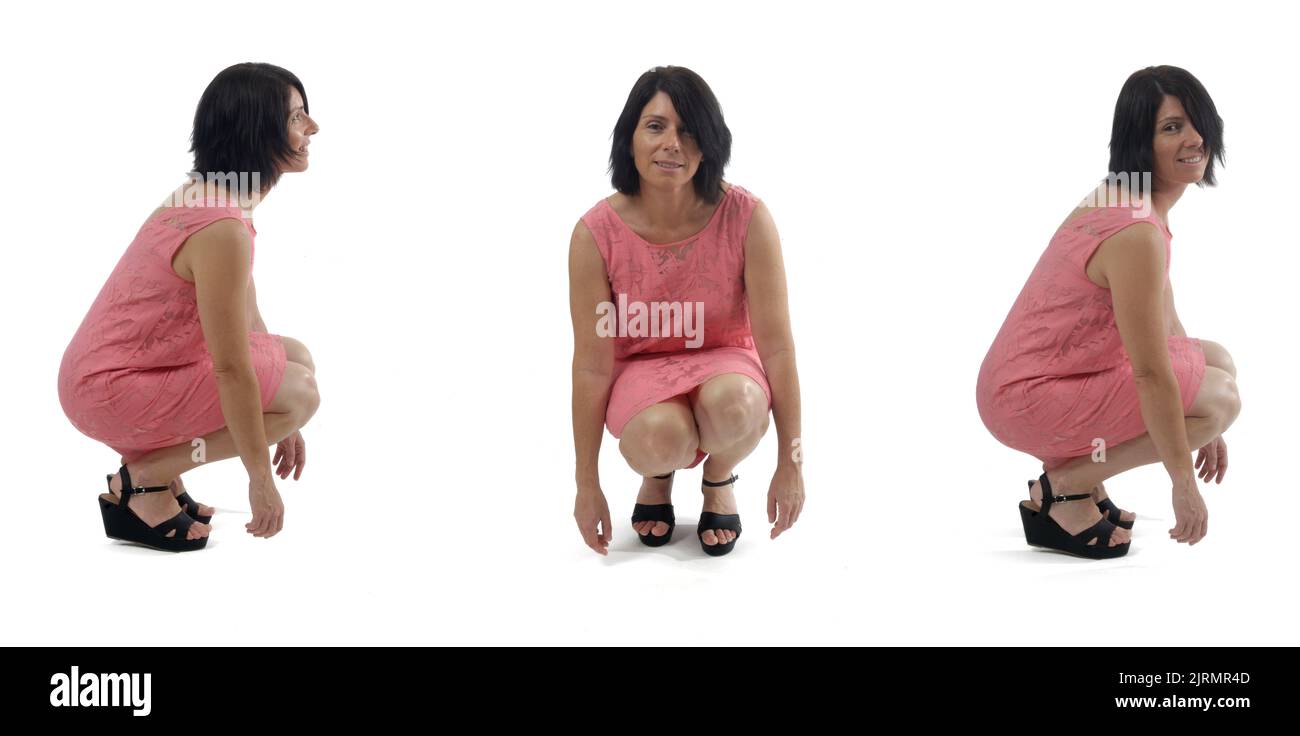same women squatting on white background Stock Photo - Alamy