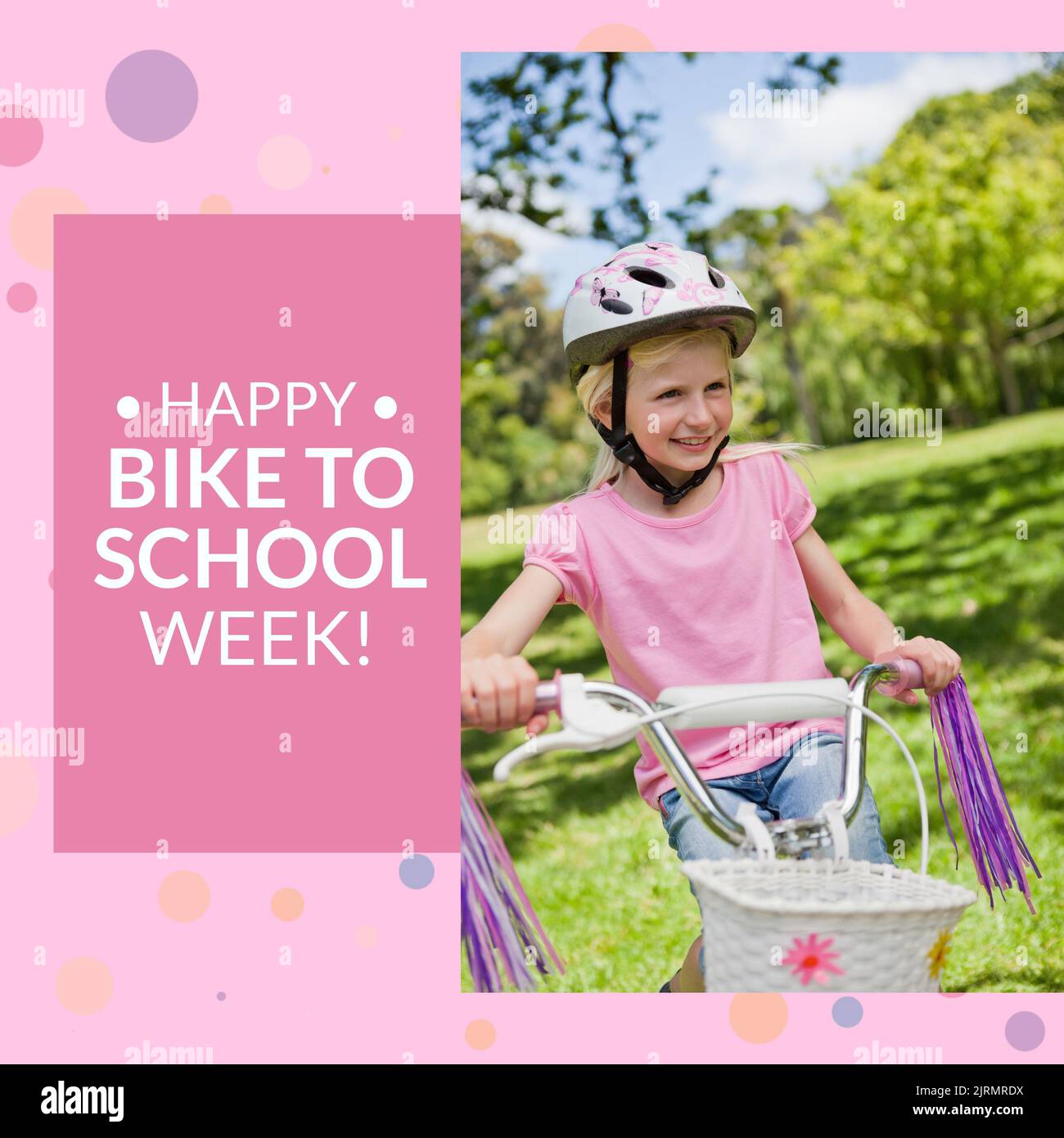 Digital image of cute smiling caucasian girl riding bicycle, happy bike ...