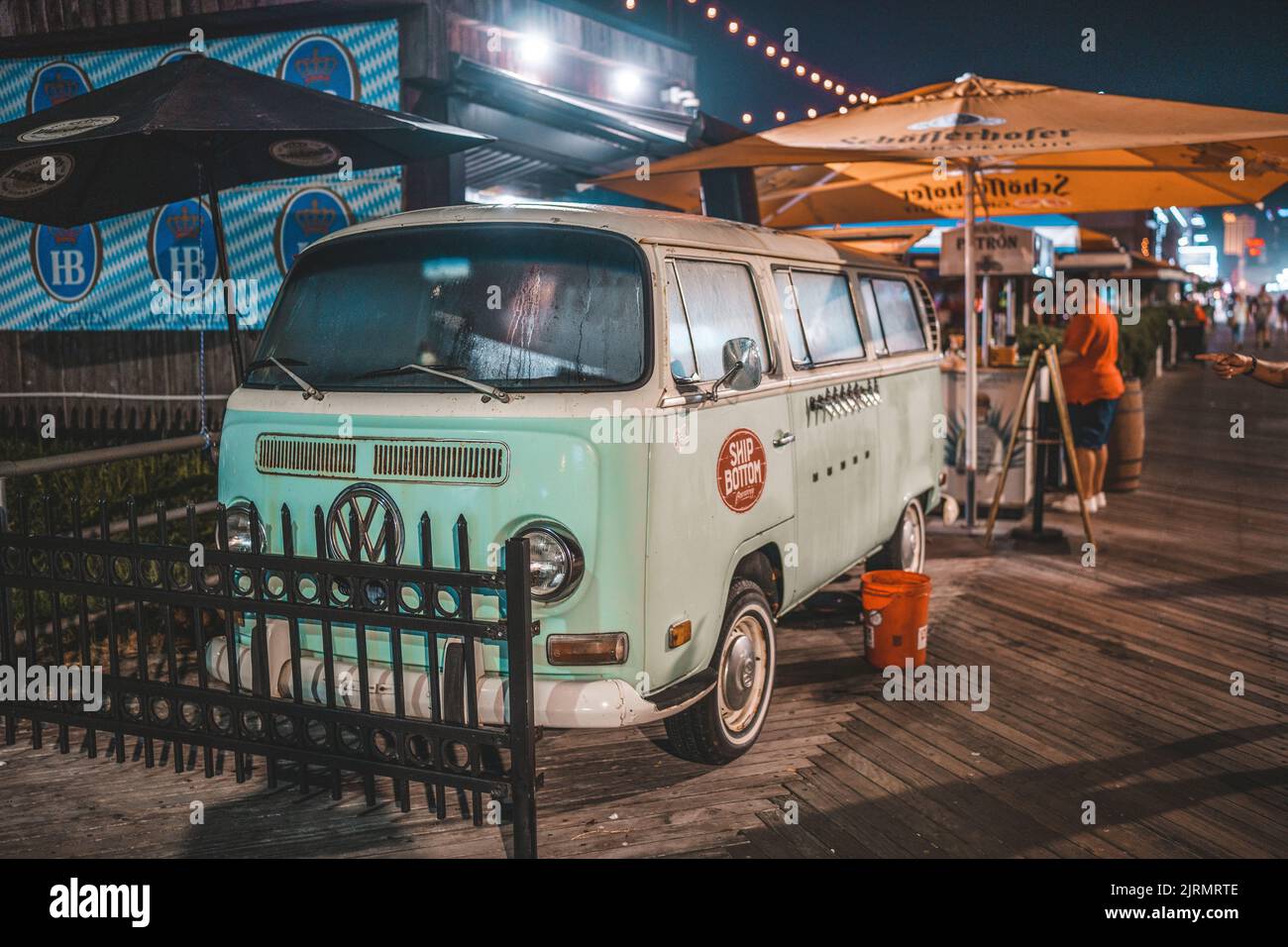 The close-up view of a blue Volkswagen type 2 classic minivan with ...