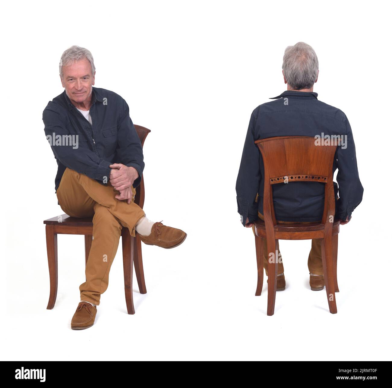 back and front view of same men sitting on chair on white background ...