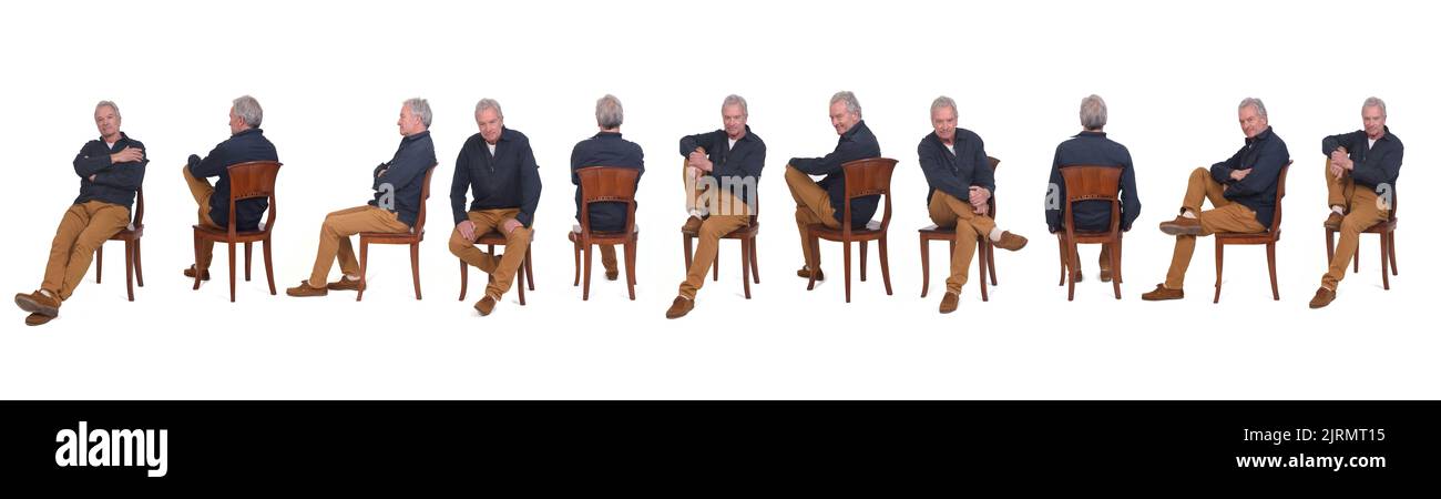 various poses of large group of same men sitting on chair on white ...