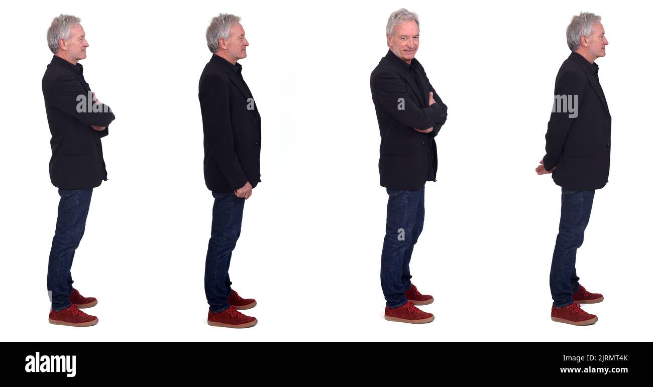 side view of same man with various poses on white background Stock ...
