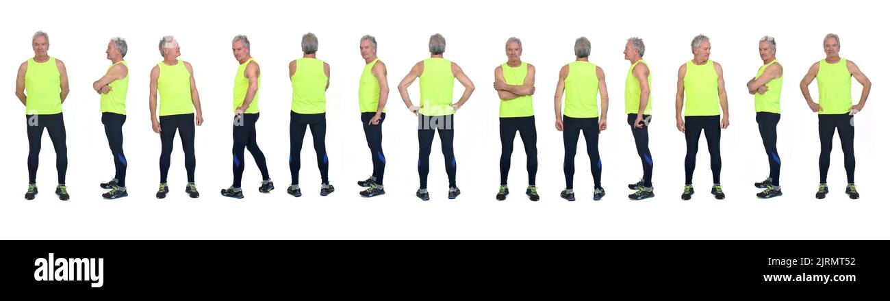 line of same man with various poses with sportswear on white background ...