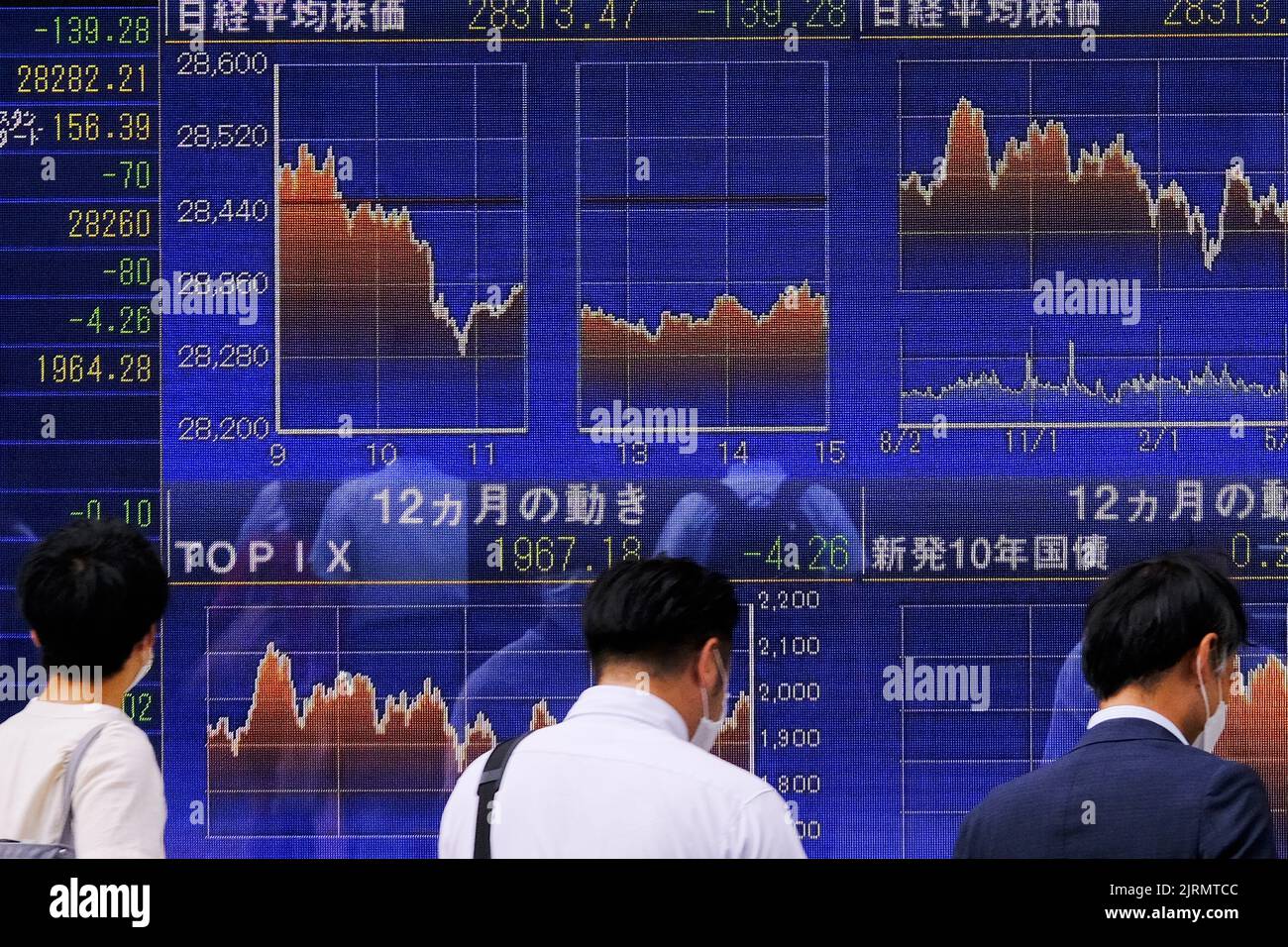 People wearing masks stand in front of an electronic board displaying ...