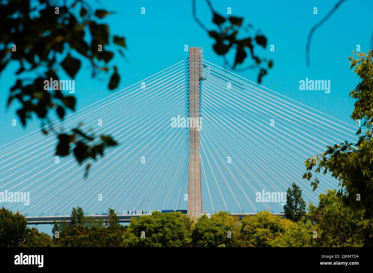 A beautiful view of a cable-stayed bridge with a clear sky background ...