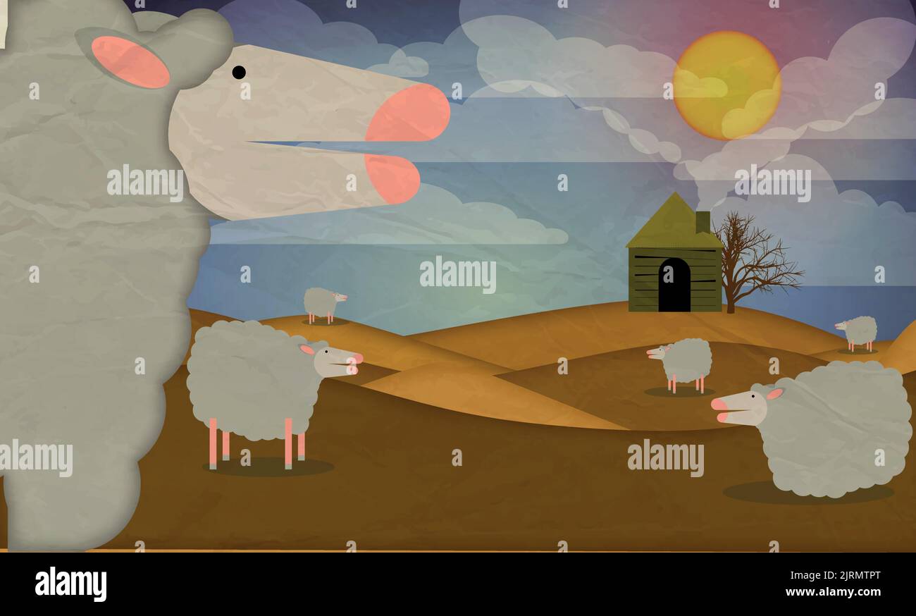 The sheep in the countryside against a house, a vector illustration ...