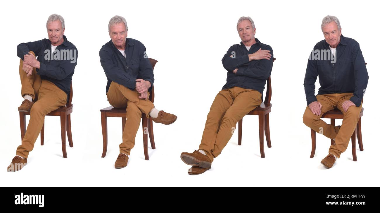 various poses of same men sitting on chair on white background Stock ...