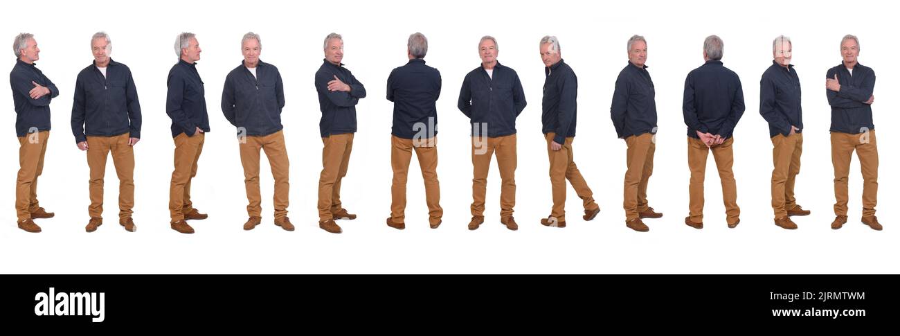 line of large group of same men posing on white background Stock Photo ...