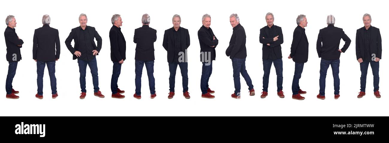 line of large group of same man various poses with clothing sneakers ...