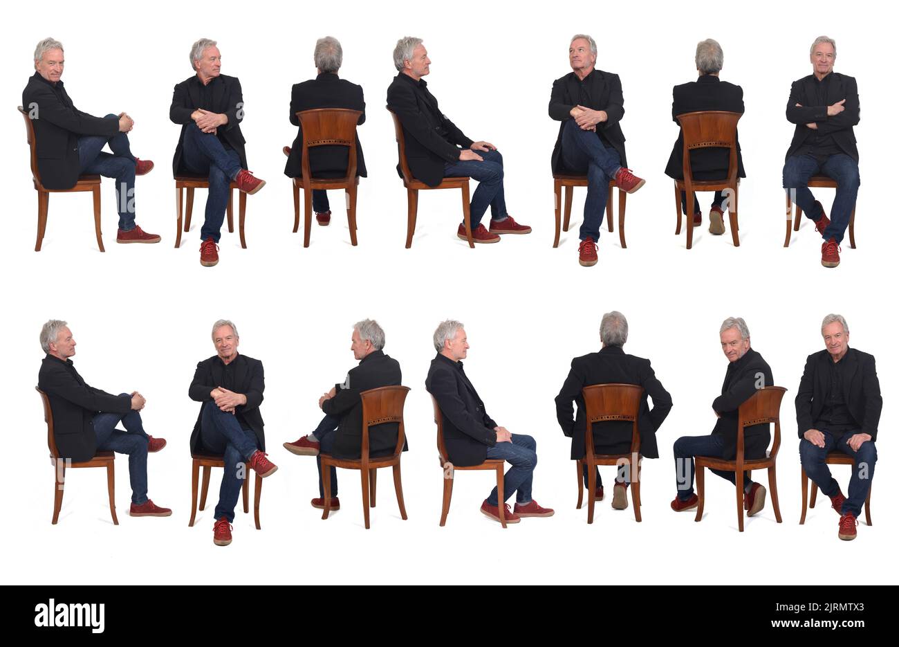 group of same man sitting on chair on wnite background Stock Photo - Alamy