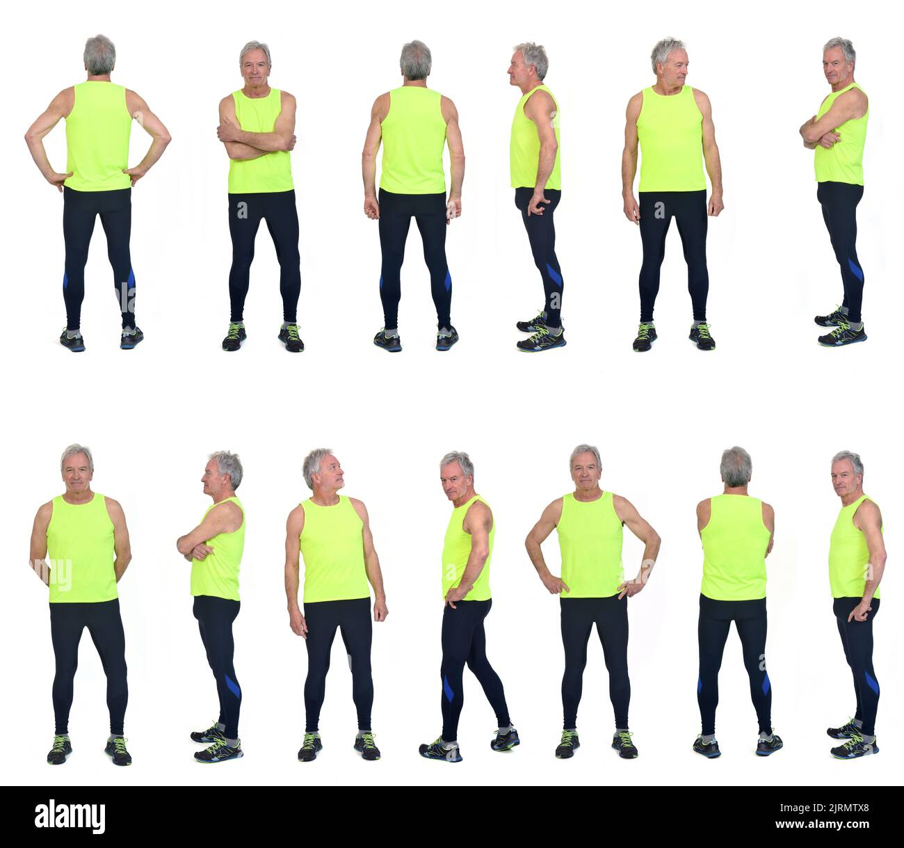 large group of same man with various poses with sportswear on white ...