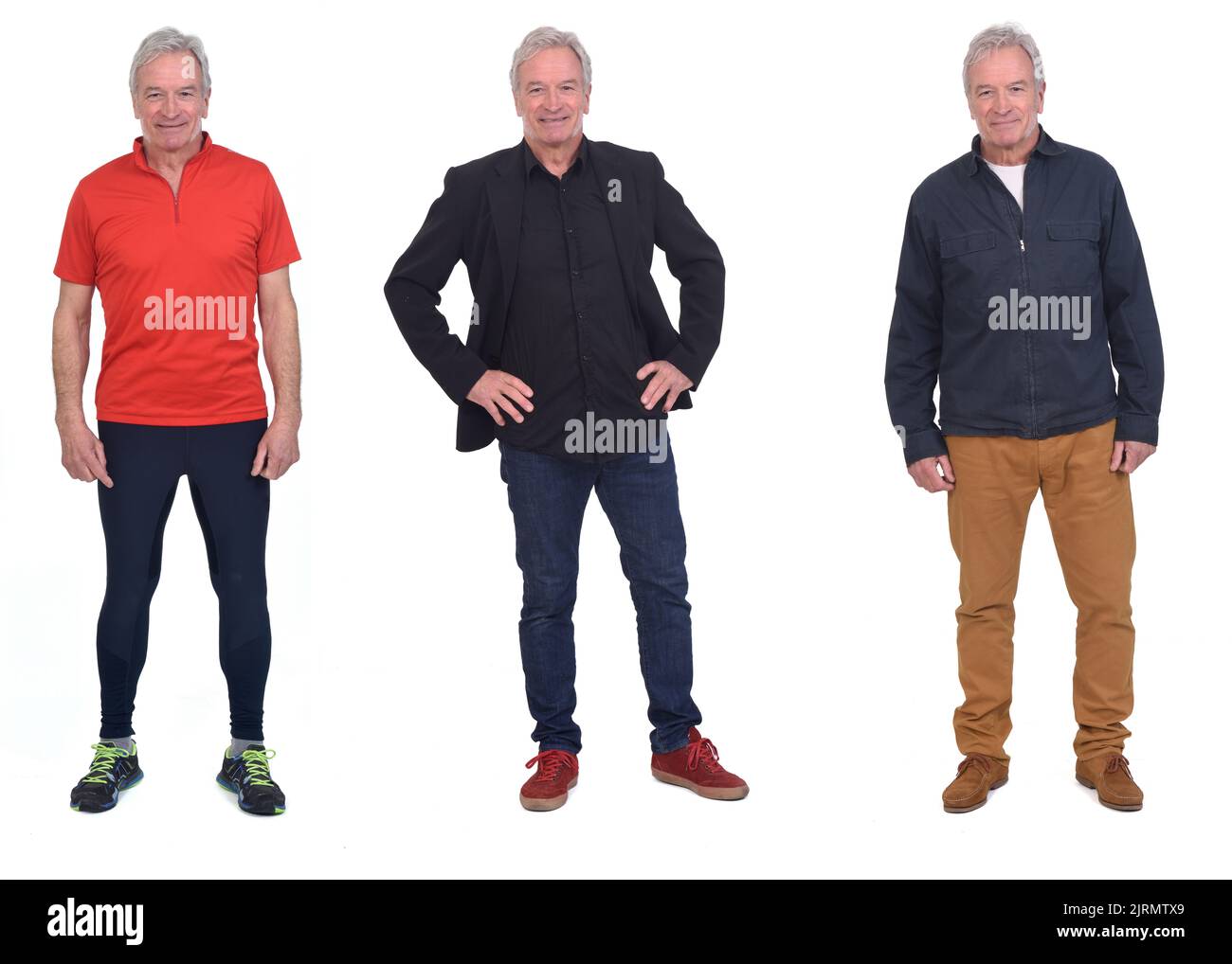 front view of same men with various outfits on white background Stock ...