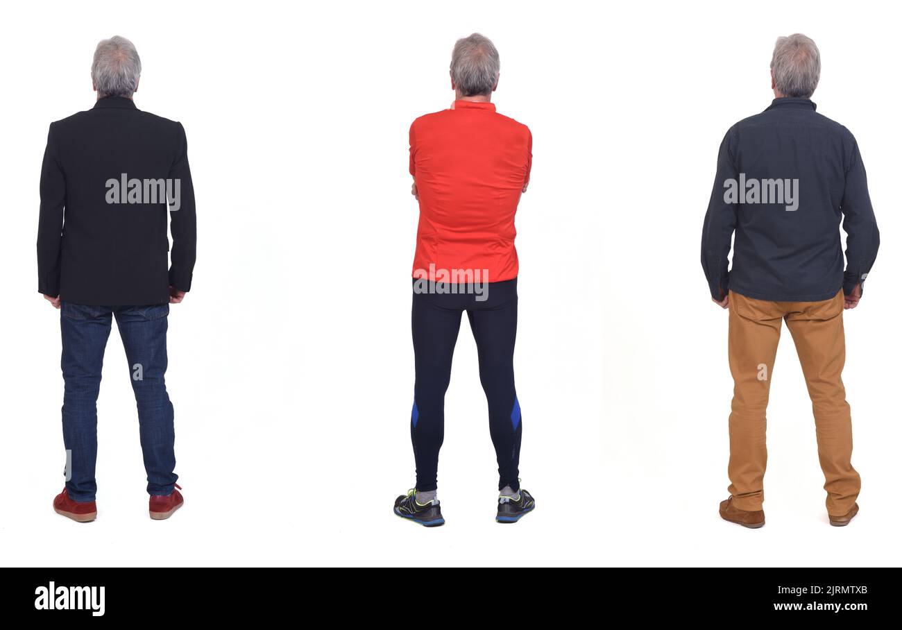 back view of same men with various outfits on white background Stock ...
