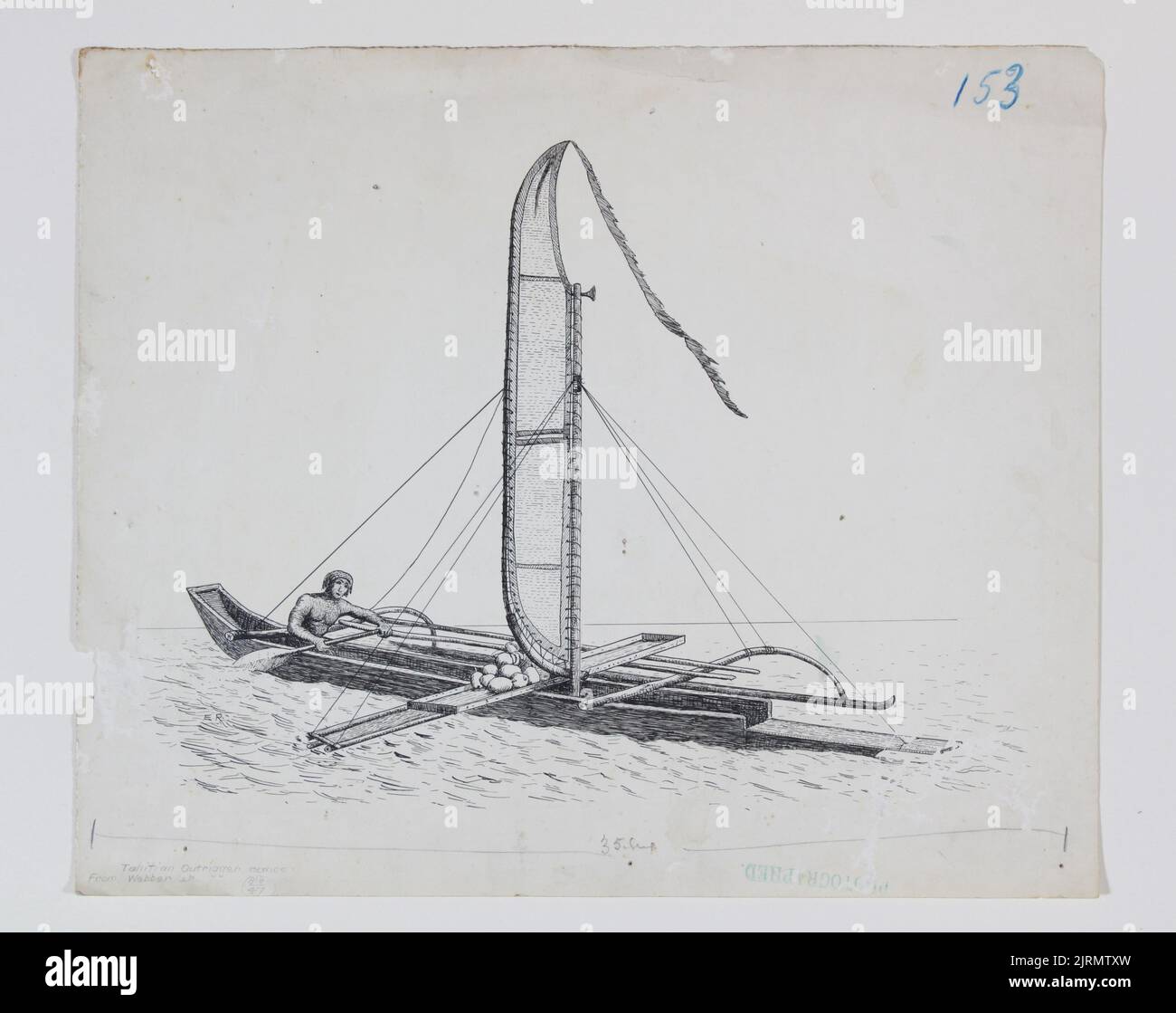 Sketch of Tahitian outrigger canoe - from Cook's voyages, date not ...