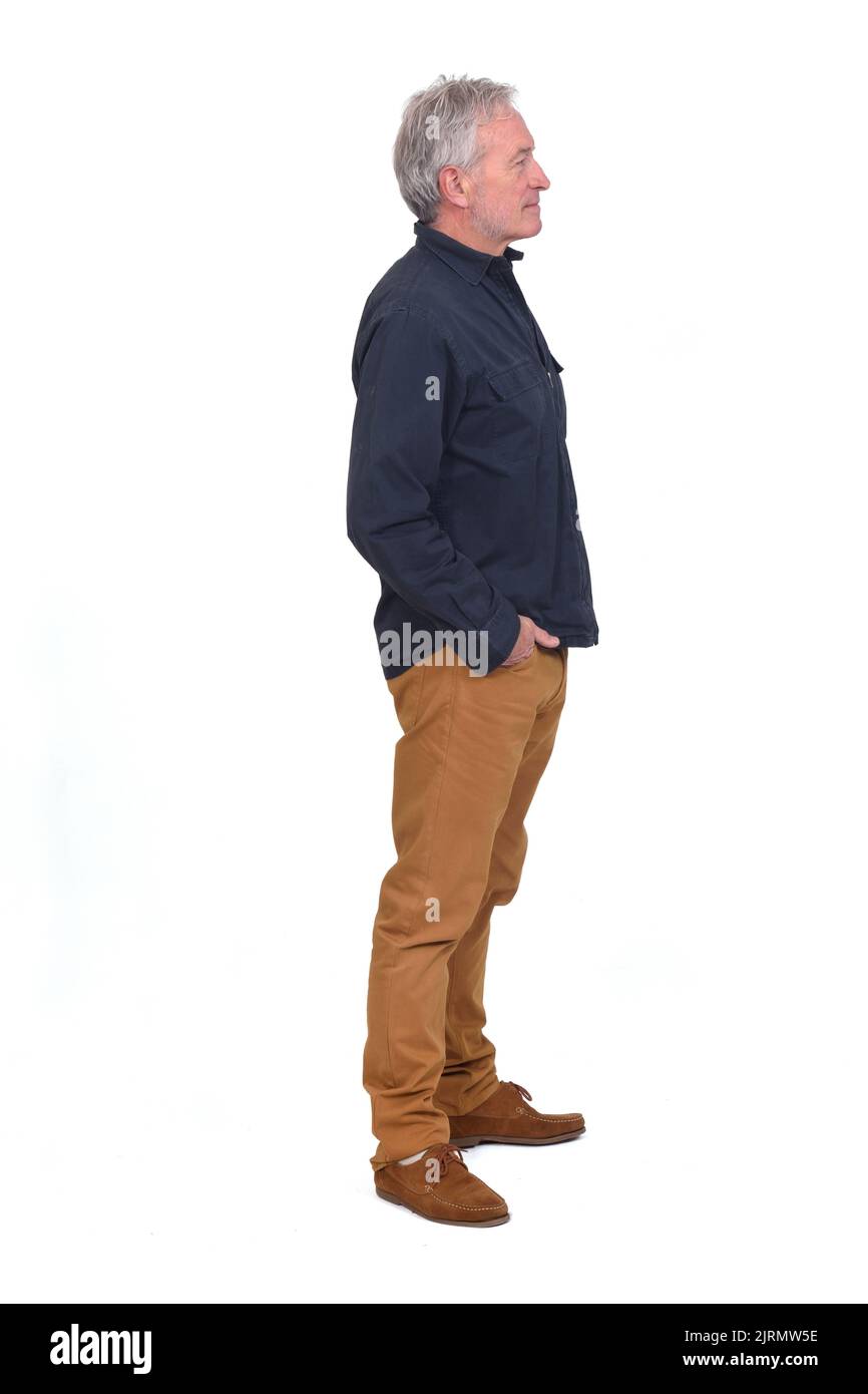 side view of a man hands on pockets on white background Stock Photo - Alamy