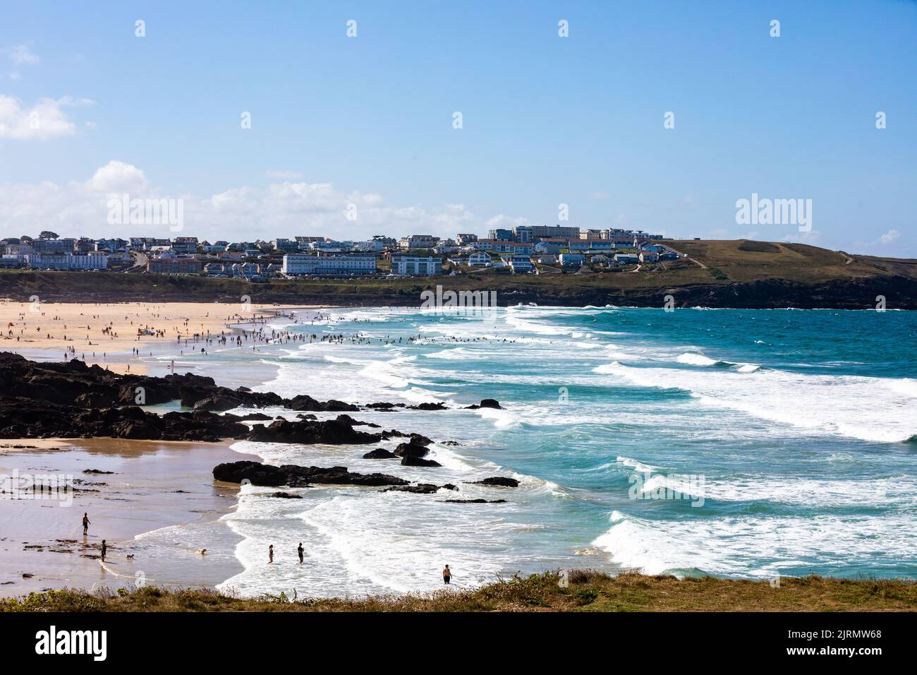 A view of the rocks and sea in Fistral Beach Newquay, Cornwall,uk Stock ...