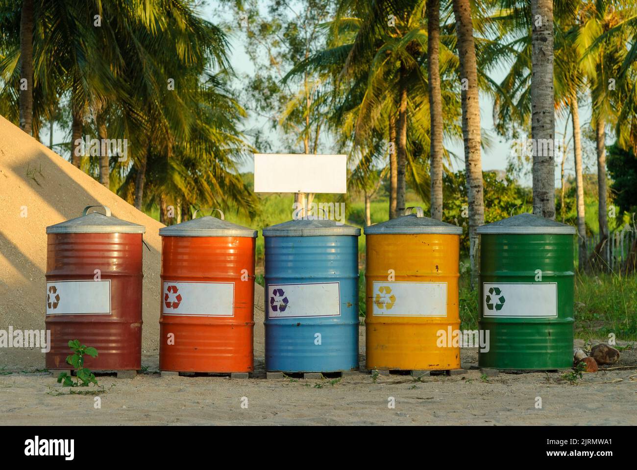 Colorful recycling bins in a tropical landscape with coconut trees in ...