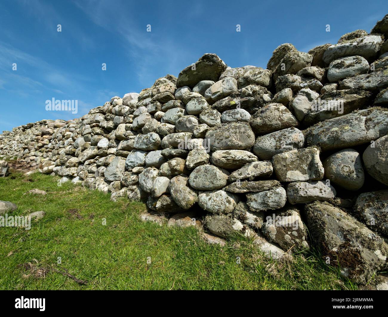 Old, lichen covered dry stone wall made from round boulders and beach ...