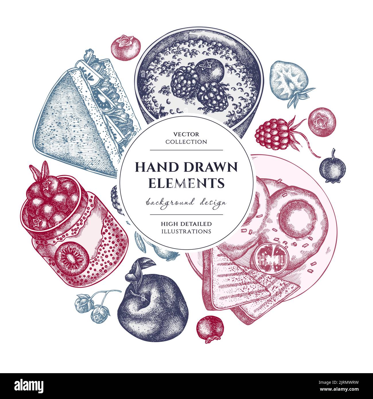 Breakfast circle design. Hand drawn sandwich, bowl with avocado ...