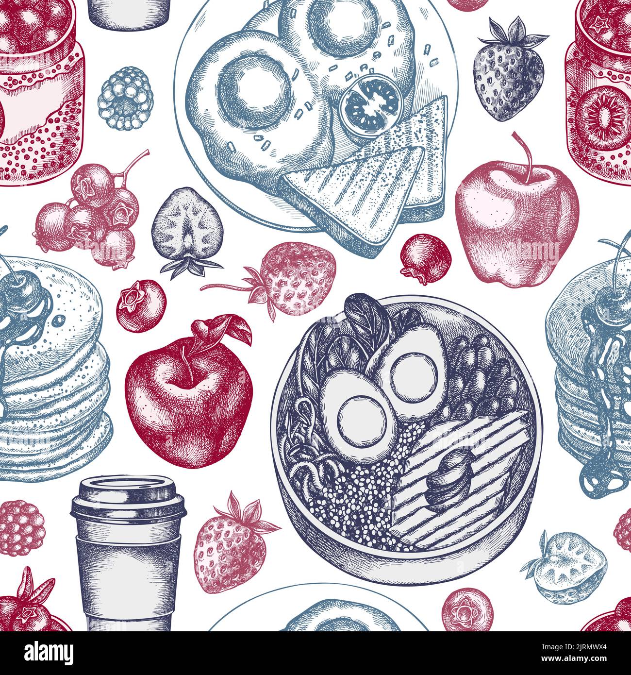 Breakfast seamless pattern background design. Engraved style. Hand ...