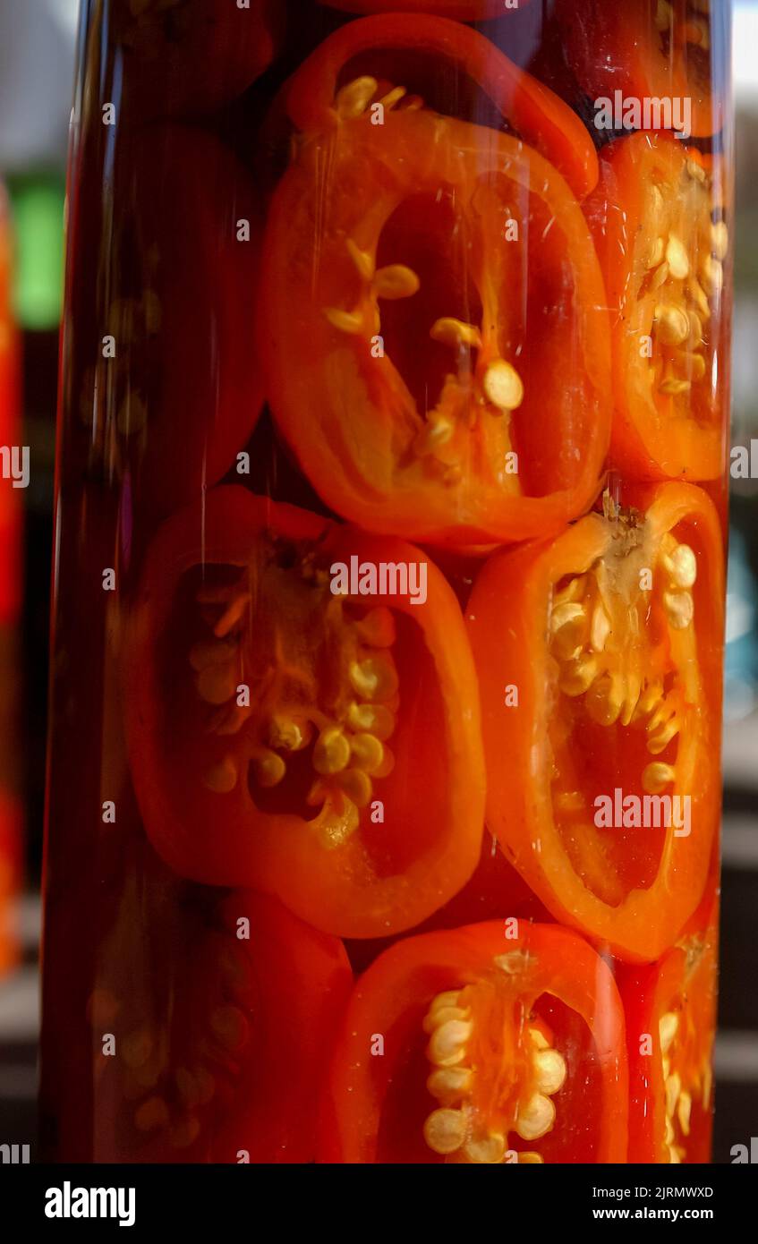 Handmade pepper in glass bottles for sale at a popular fair in Brazil ...