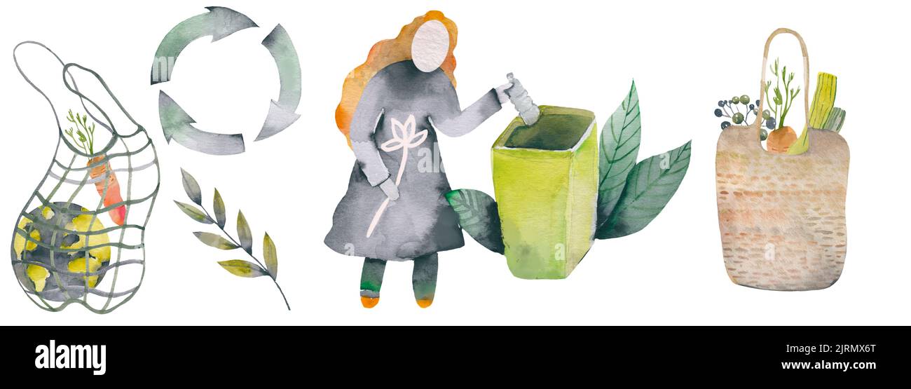 Eco Lifestyle watercolor illustration. Girl sorting waste and use eco ...