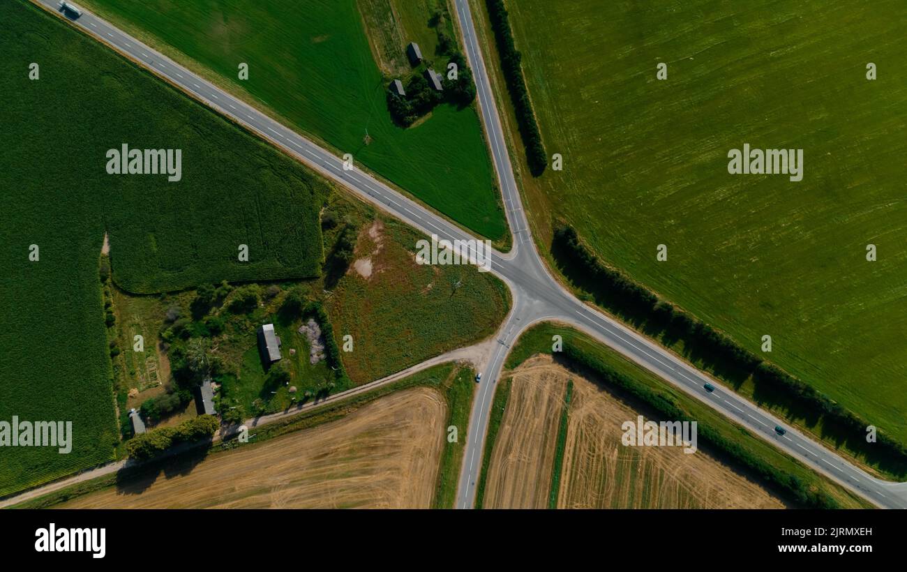 Aerial view of cross roads on single track road in the europe Stock ...