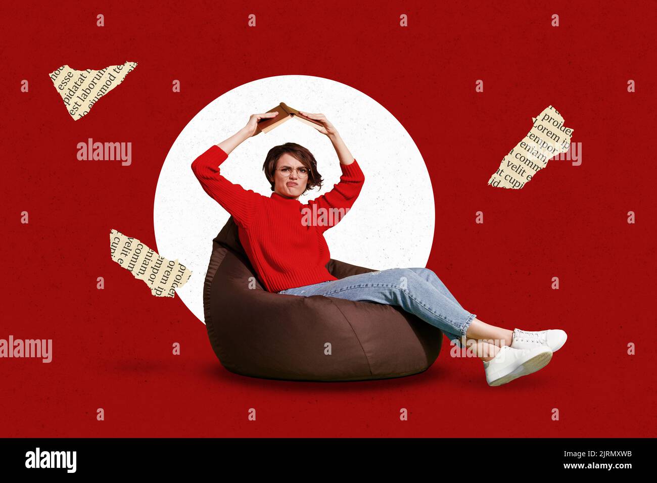 Banner collage of lady not like book sit wear casual cloth isolated on ...