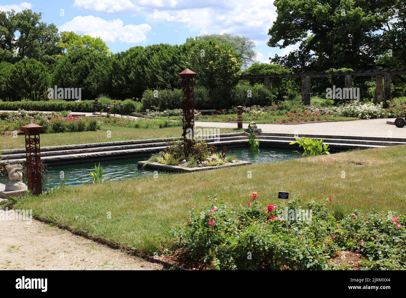 A man made pond with water plants and a sculpture surrounded by ...
