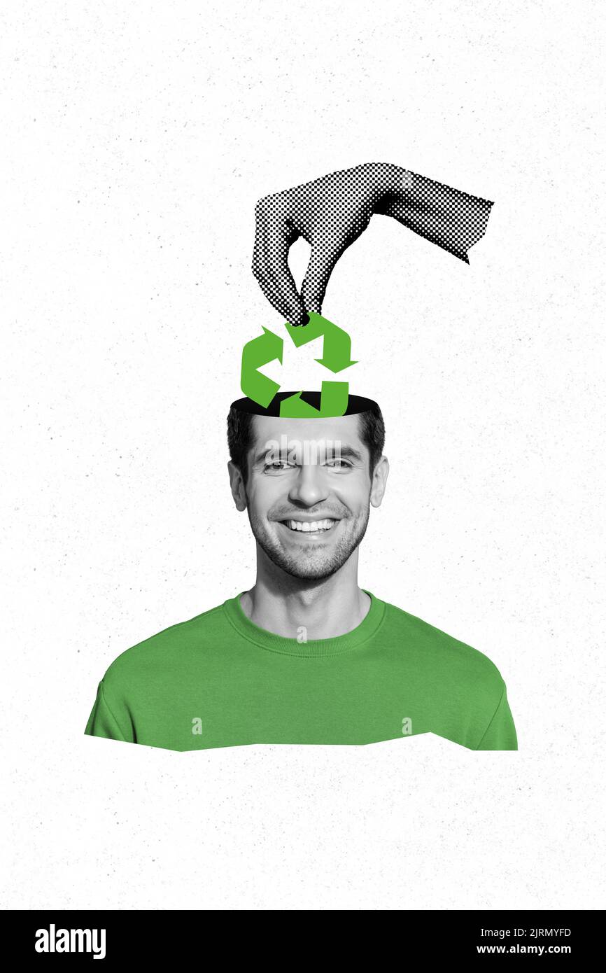 Vertical poster collage of man do recycle isolated on drawing white ...