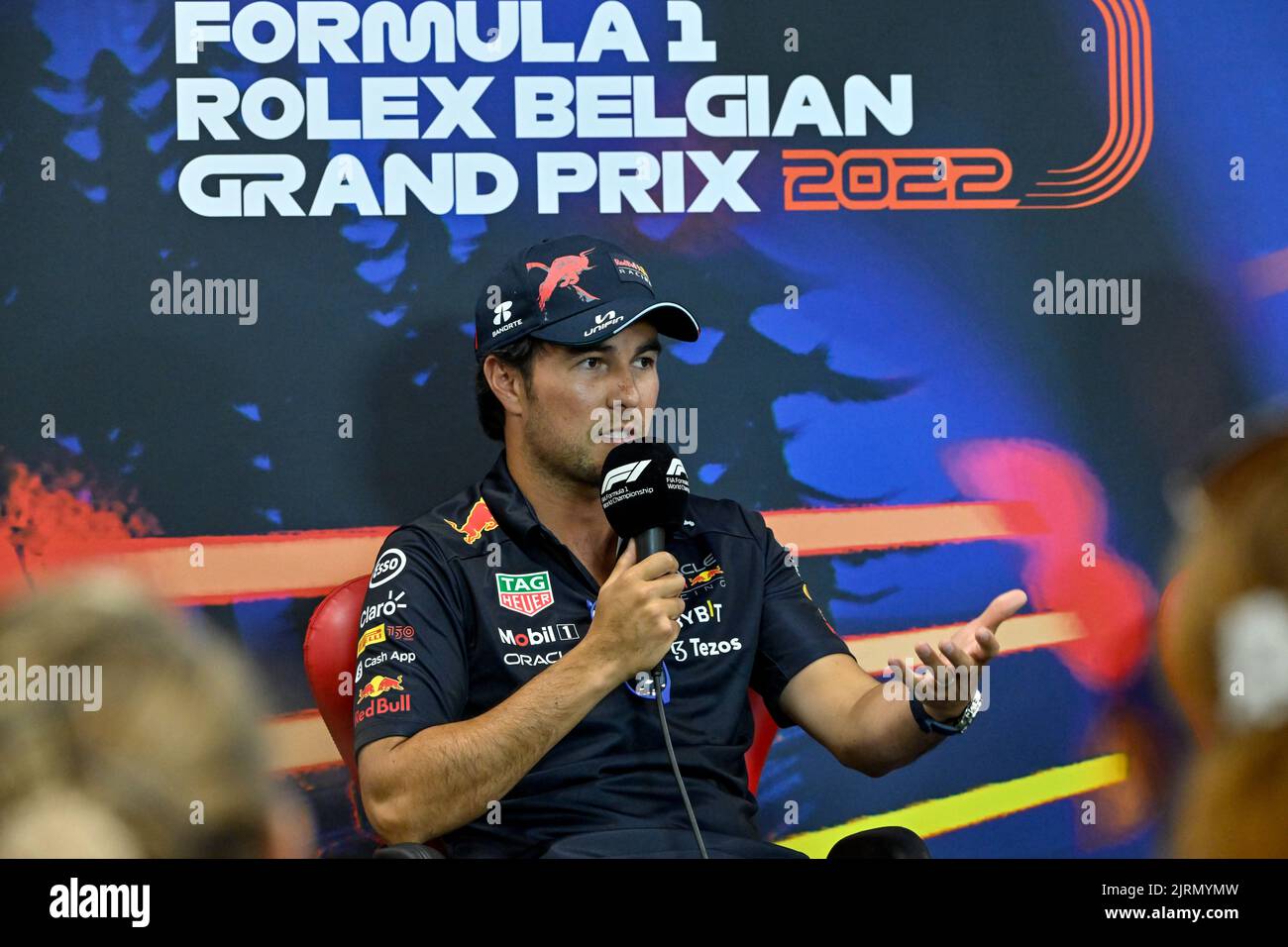 Red Bull's Mexican driver Sergio Perez pictured during a press conference ahead of this weekend ...