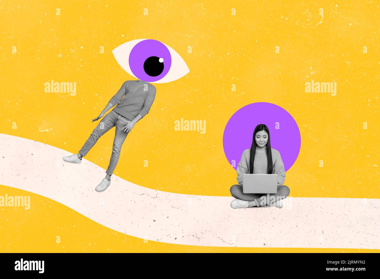 Artwork collage of weird guy looking in ladies netbook read conspiracy ...