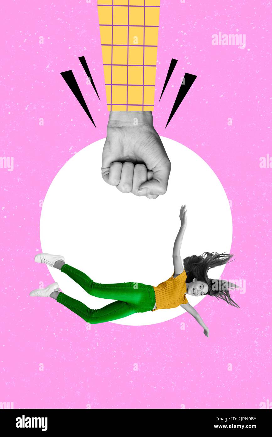 Painted image collage of huge hand punch little teenager girl flying ...