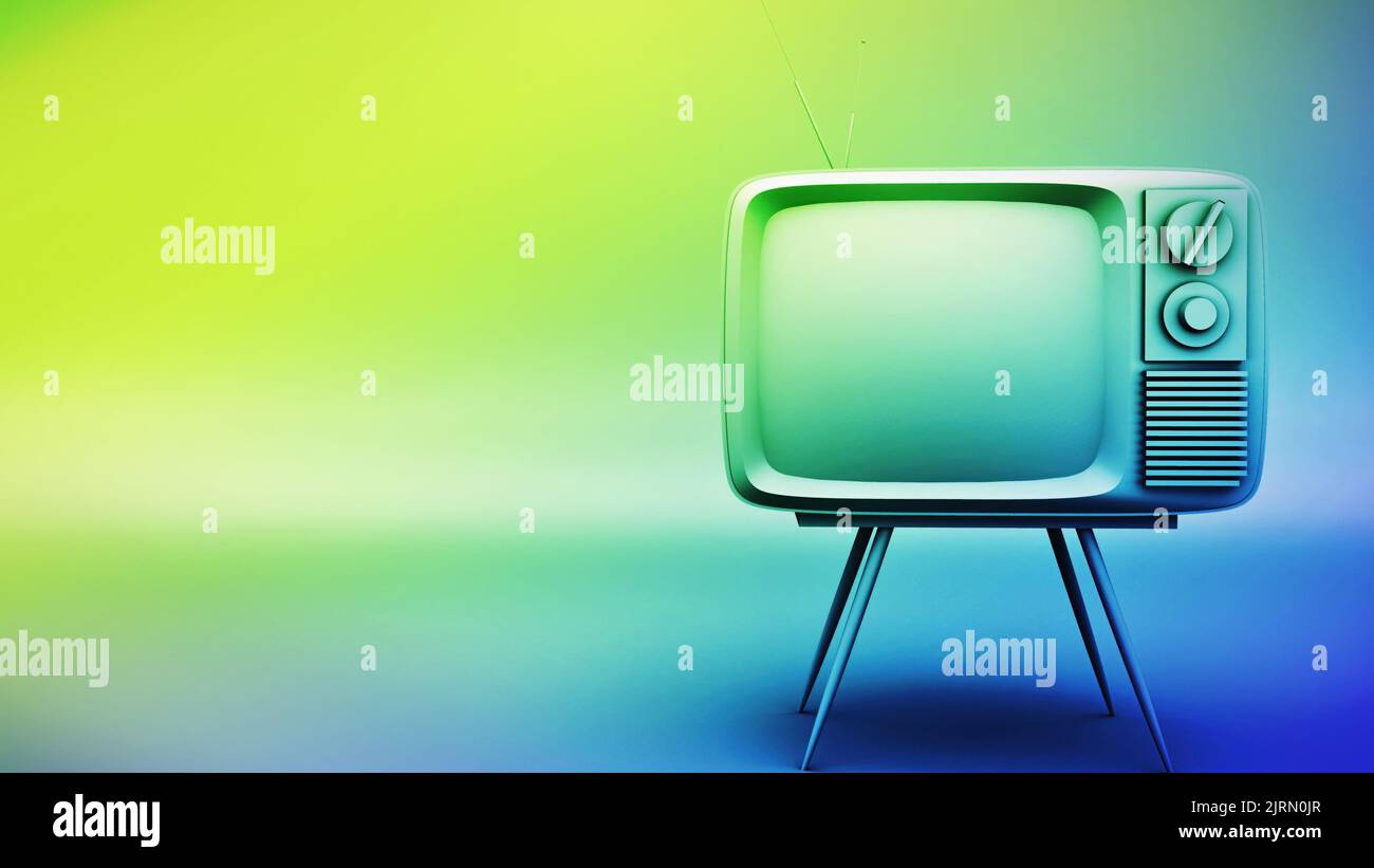 Television set concept. A vintage CRT TV set in a modern colorful ...