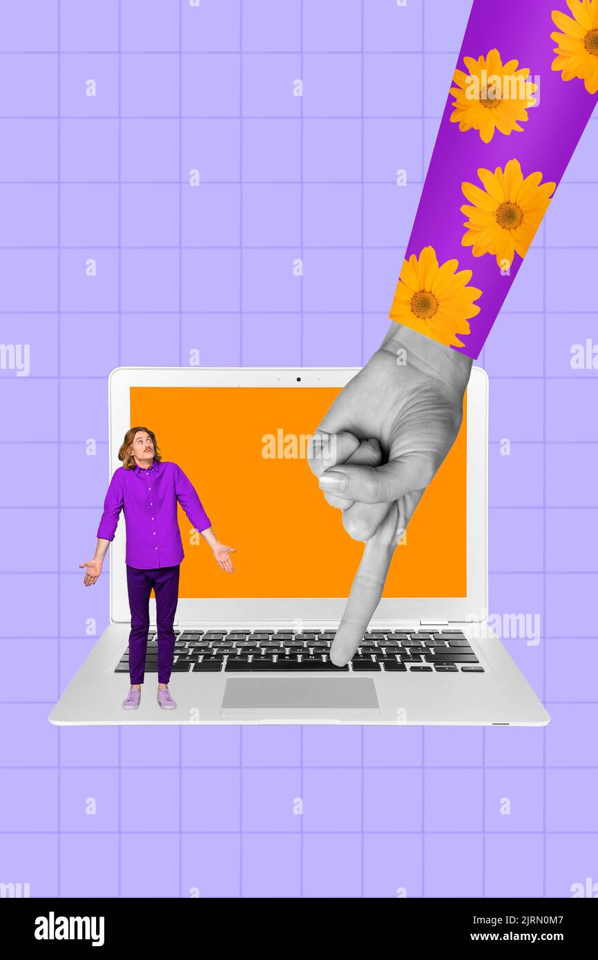 Creative 3d photo artwork collage of confused guy programmer shrug ...