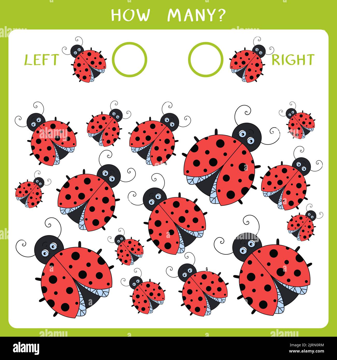 Count how many ladybugs goes to the left and to the right and write the ...