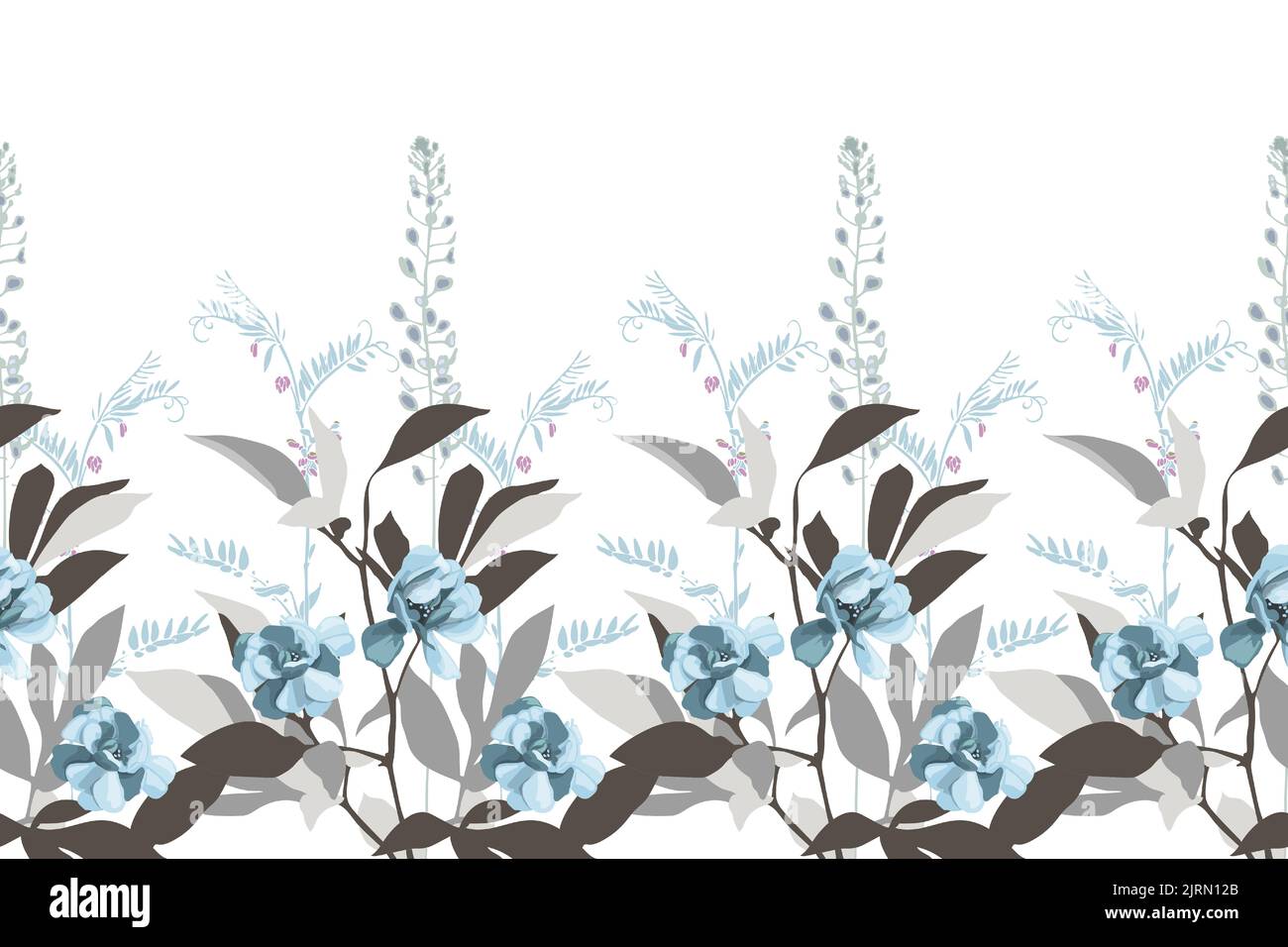Vector floral seamless pattern, border. Horizontal panoramic design with blue and coffee-colored ...