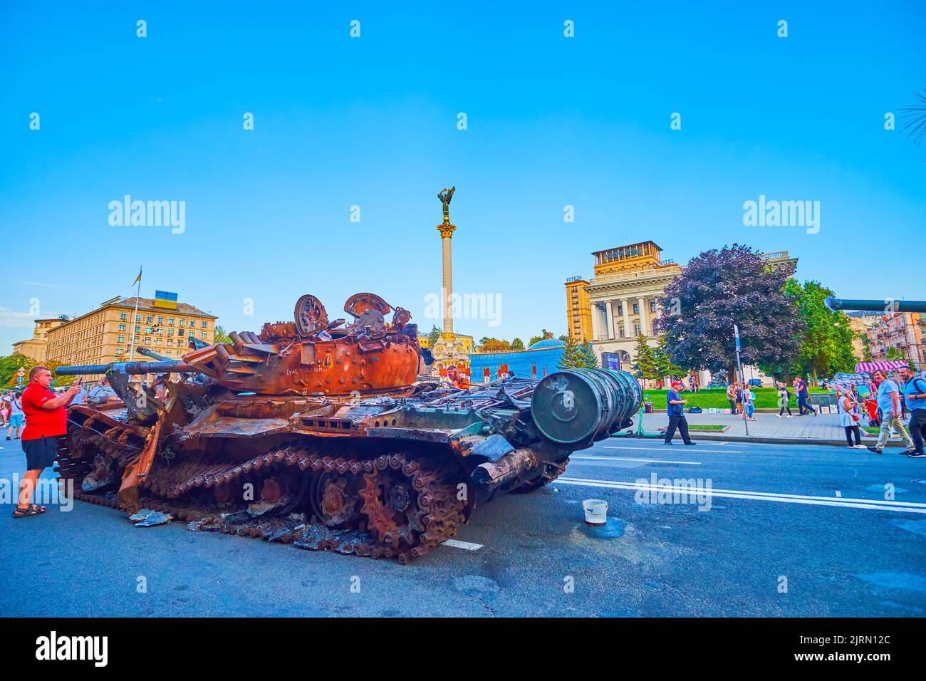 KYIV, UKRAINE - AUGUST 23, 2022: Destroyed and burnt Russian tank on ...