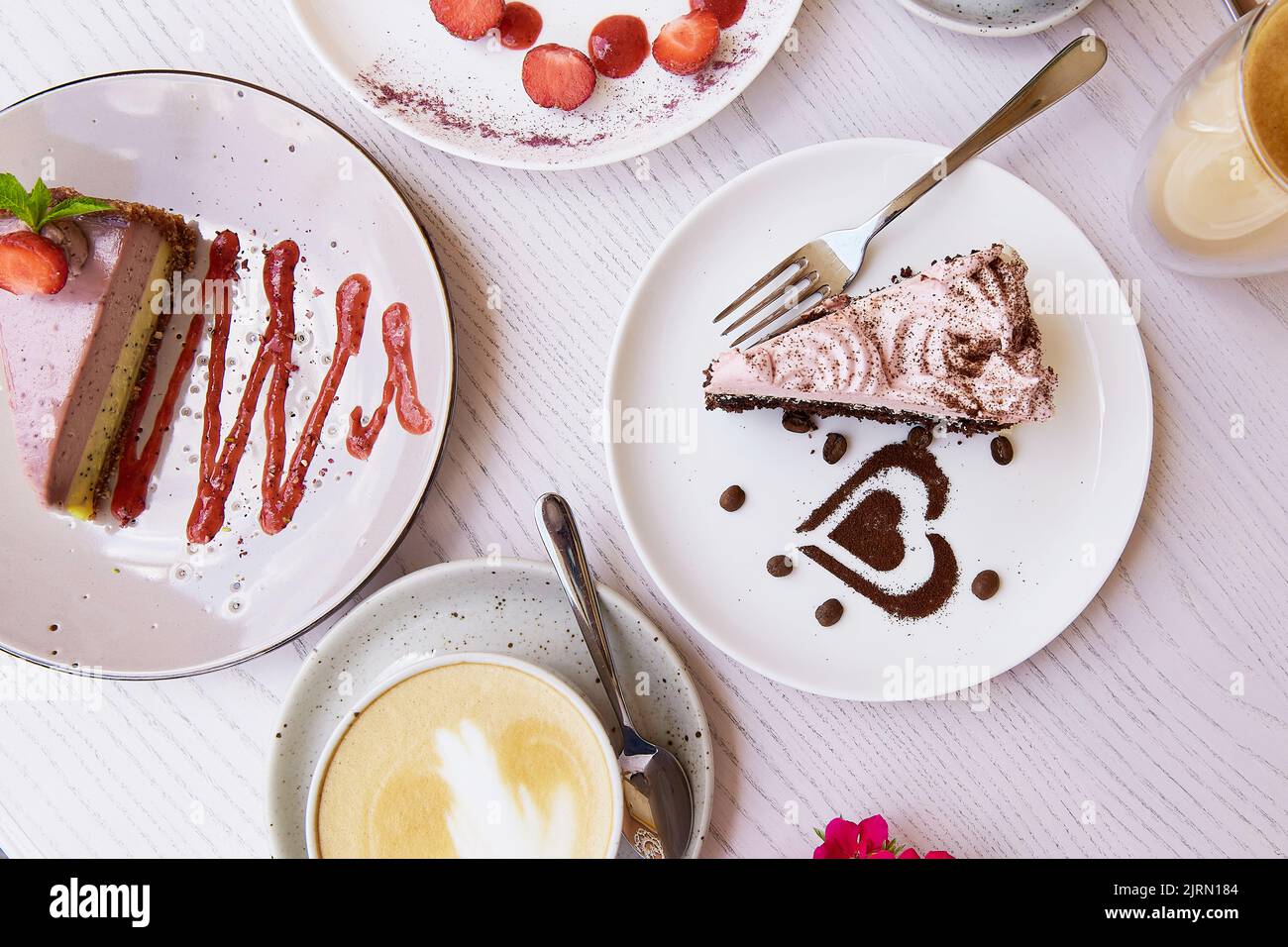 Natural vegan, healthy, layered desserts, piece of cakes with fresh ...