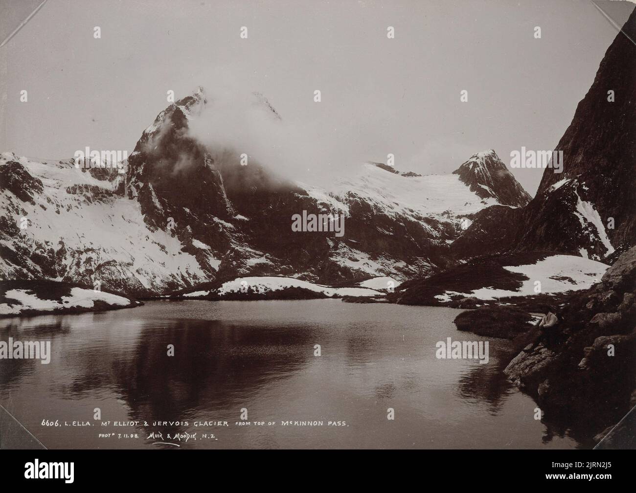 Lake Ella, Mount Elliot and Jervois Glacier from top of McKinnon Pass ...
