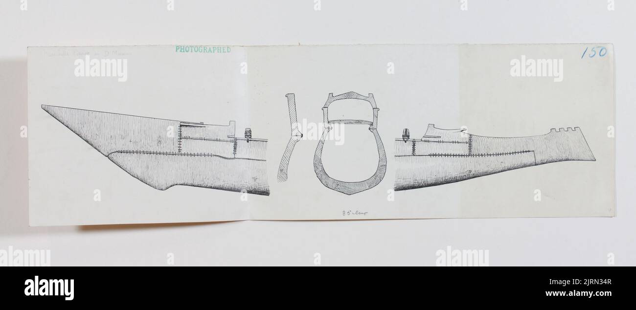 Sketch showing prow, stern and cross section of a Manihiki canoe, c1920 ...