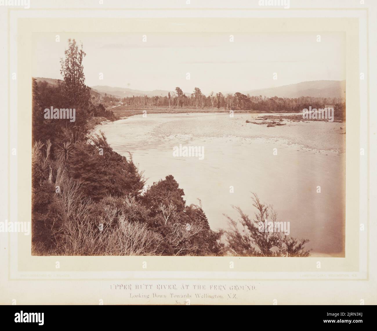 Upper Hutt River at the Fern Ground, looking down towards Wellington ...